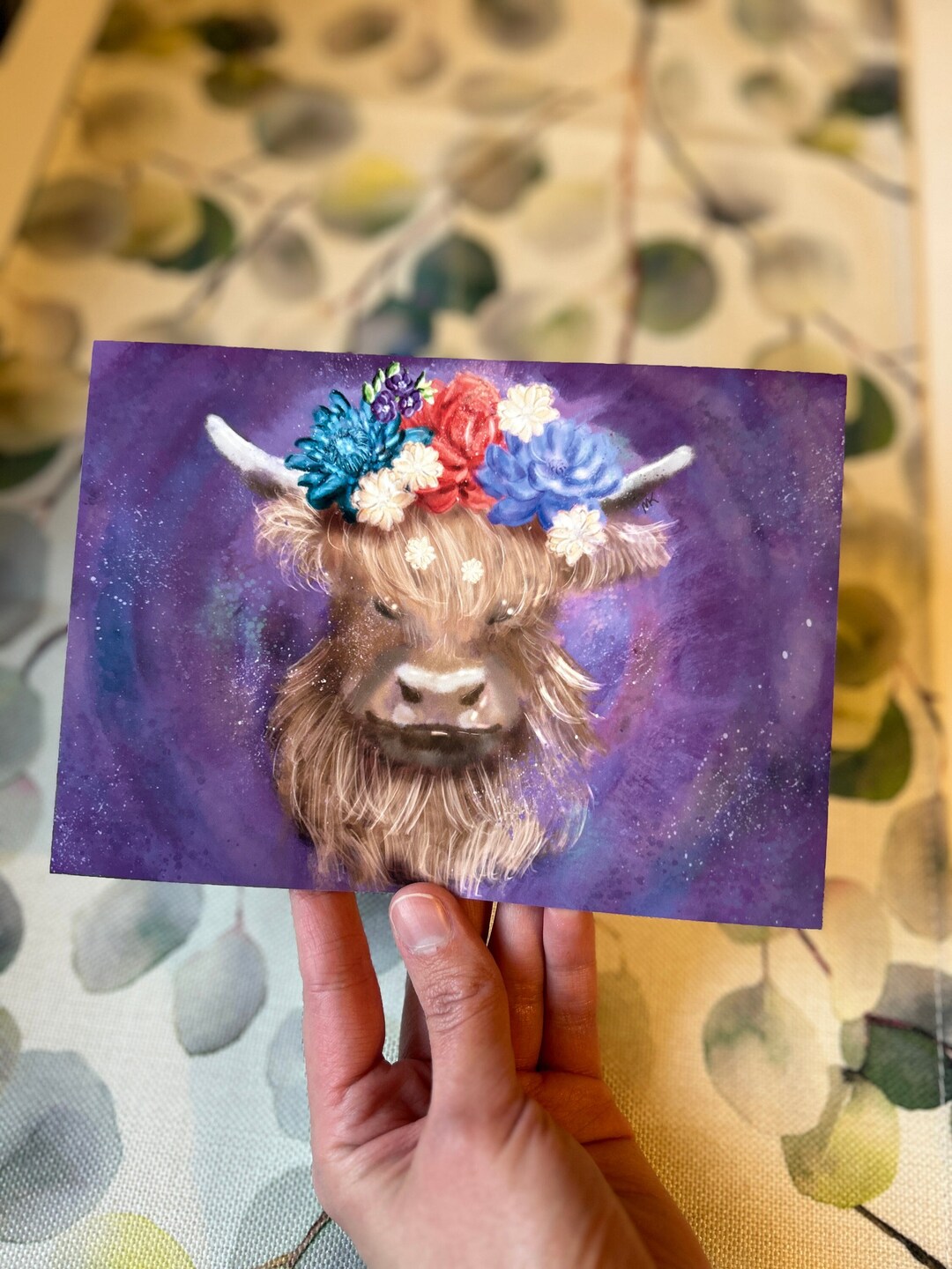 Highland Cow Flower Crown Watercolor Painting Art Print | Semi-gloss ...