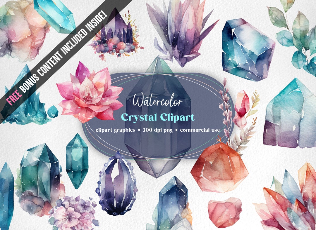40 Crystal Watercolor Clipart Gems Jewels Printable Crystal Wall Art ...