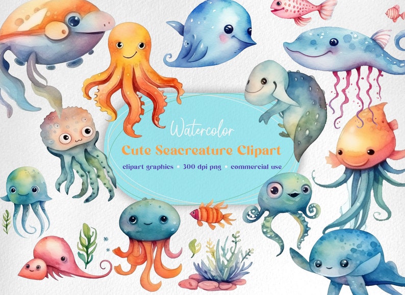 34 Ocean Animal Watercolor Clipart Sea Creature Nursery Art - Etsy