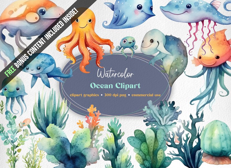 60 Ocean Watercolor Clipart Bundle Sea Creature Nursery Art Ocean Baby ...