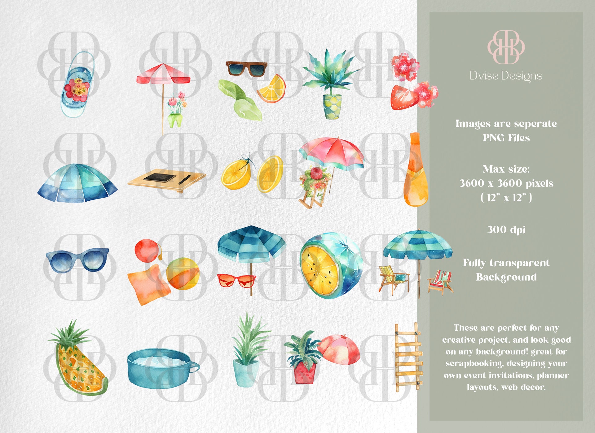 Clipart Watercolor Summer Pool Party Beach Day Summer Clipart Pack ...