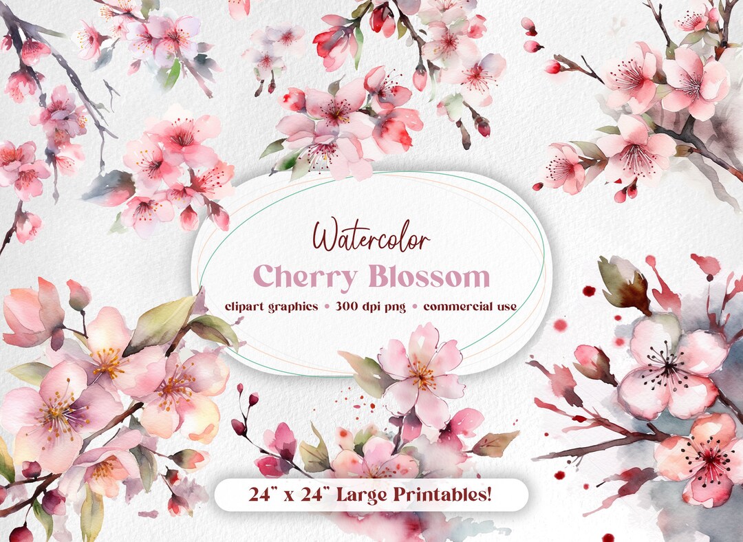 Cherry Blossom Watercolor Flower Clipart Printable Wall Art Flower ...