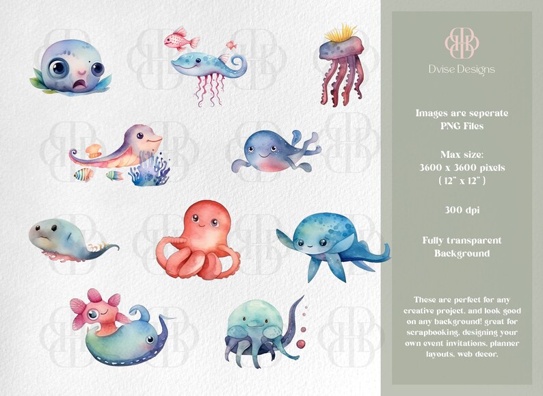 34 Ocean Animal Watercolor Clipart Sea Creature Nursery Art Ocean Baby ...