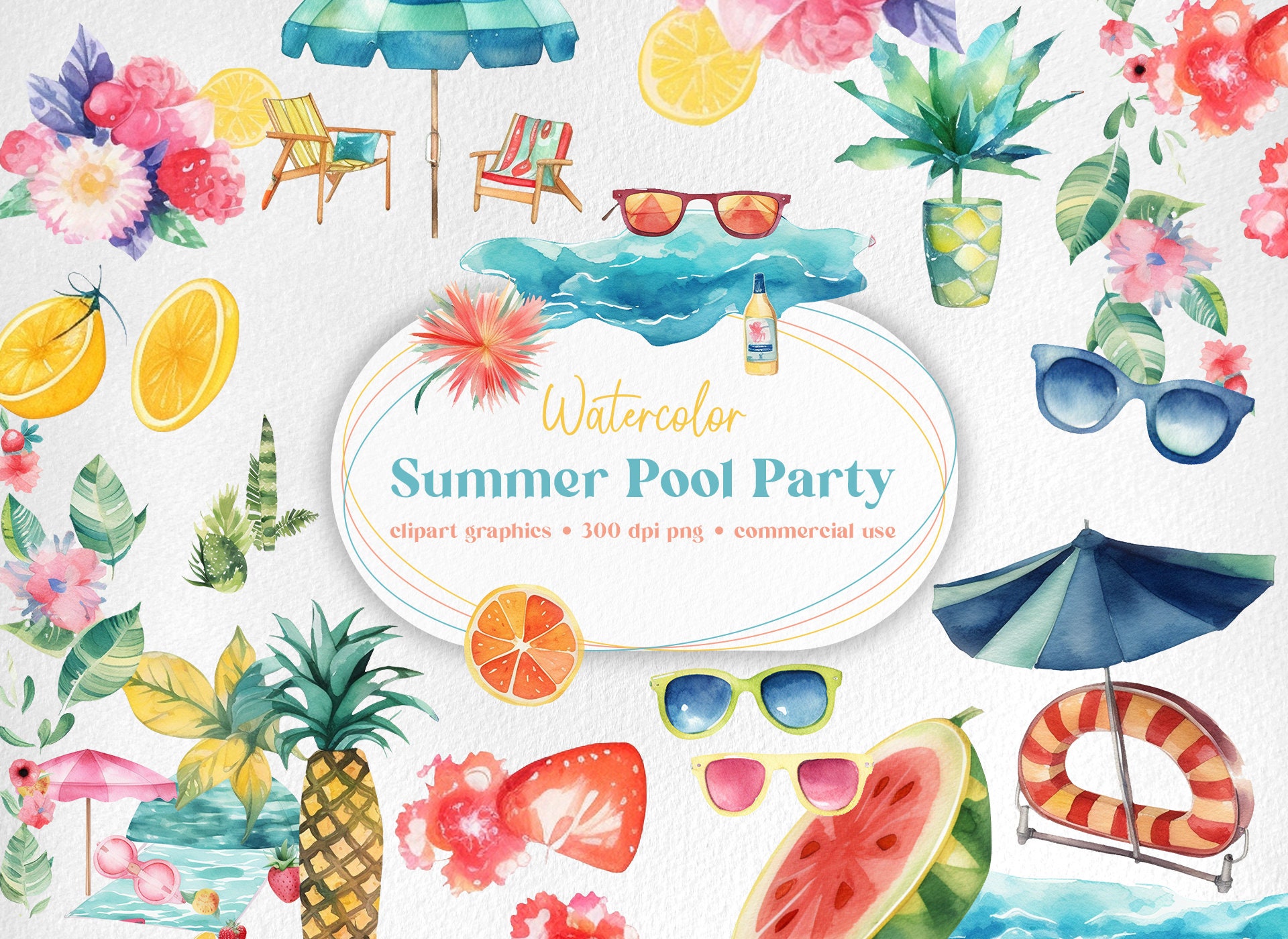 Clipart Watercolor Summer Pool Party Beach Day Summer Clipart Pack ...