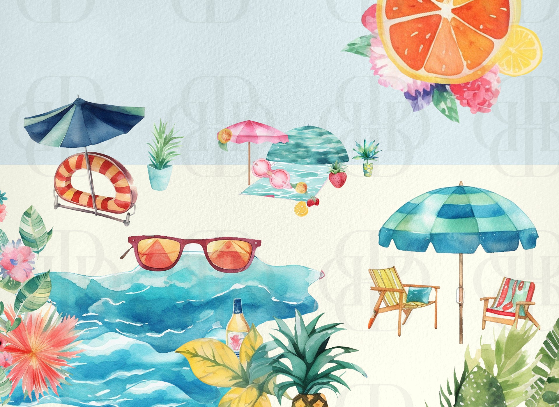 Clipart Watercolor Summer Pool Party Beach Day Summer Clipart Pack ...