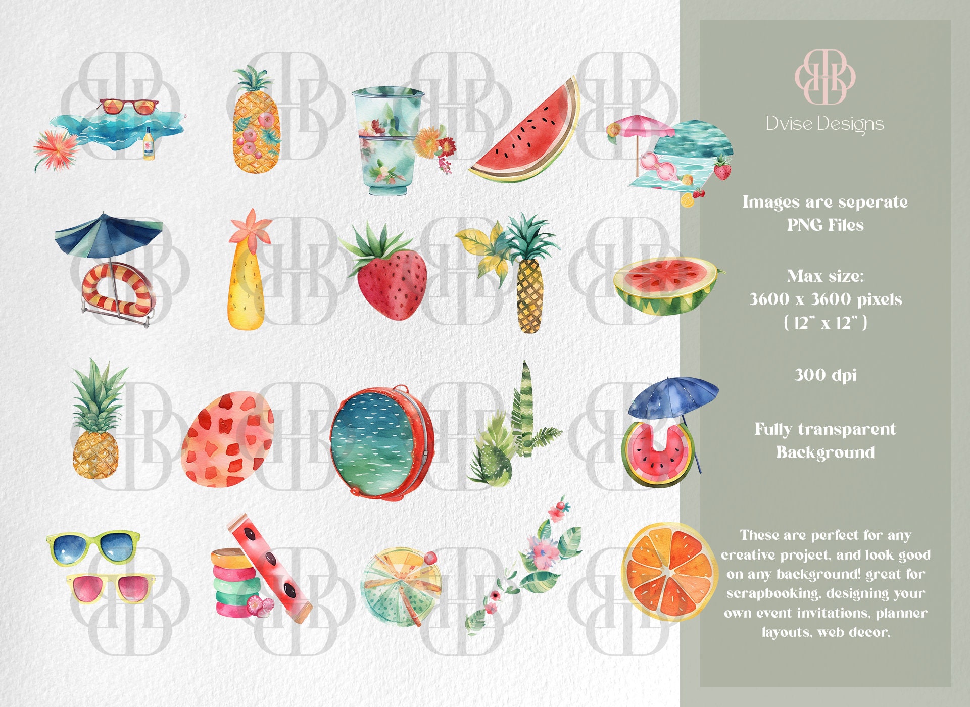 Clipart Watercolor Summer Pool Party Beach Day Summer Clipart Pack ...