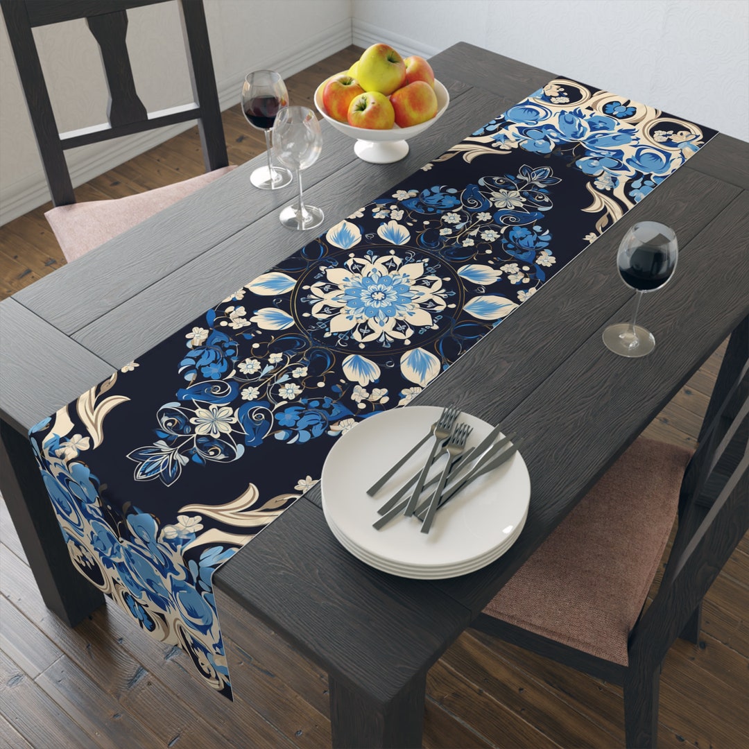 Russian Table Runner Traditional Gzhel Dining Room Decor Polyester ...