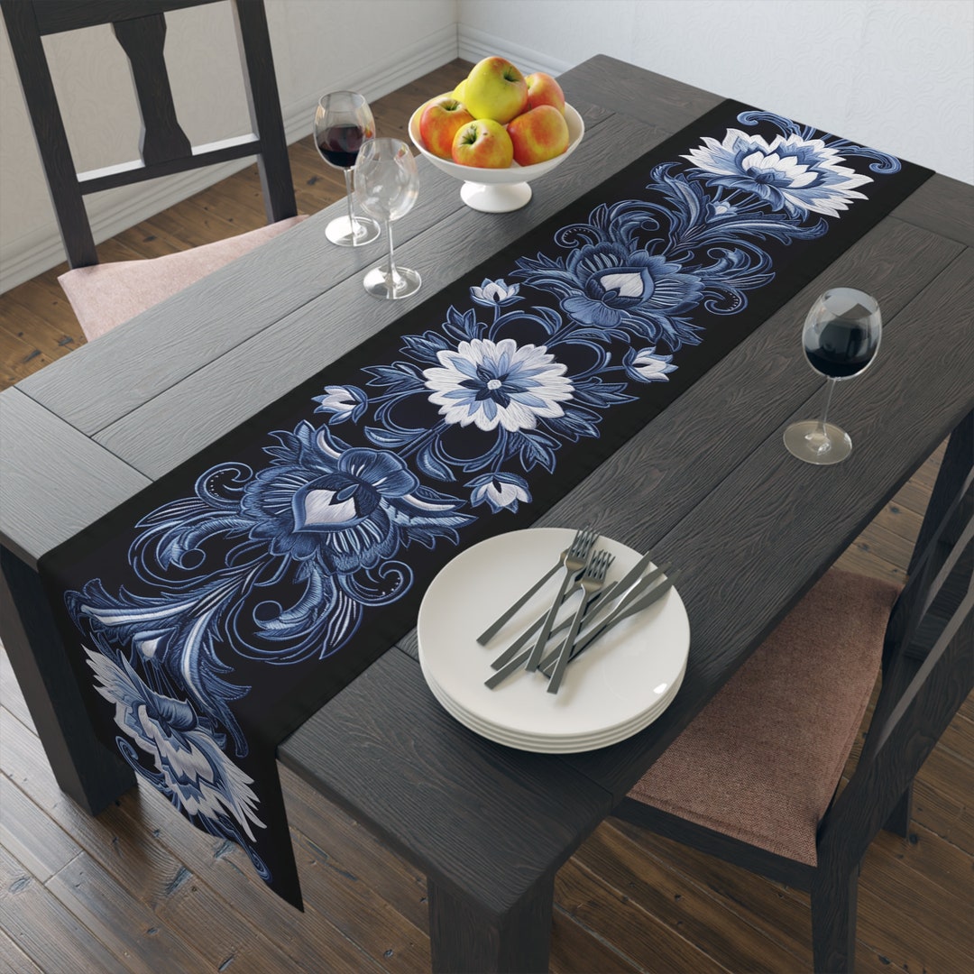 Blue and White Table Runner Classic Floral Damask Table Runner ...