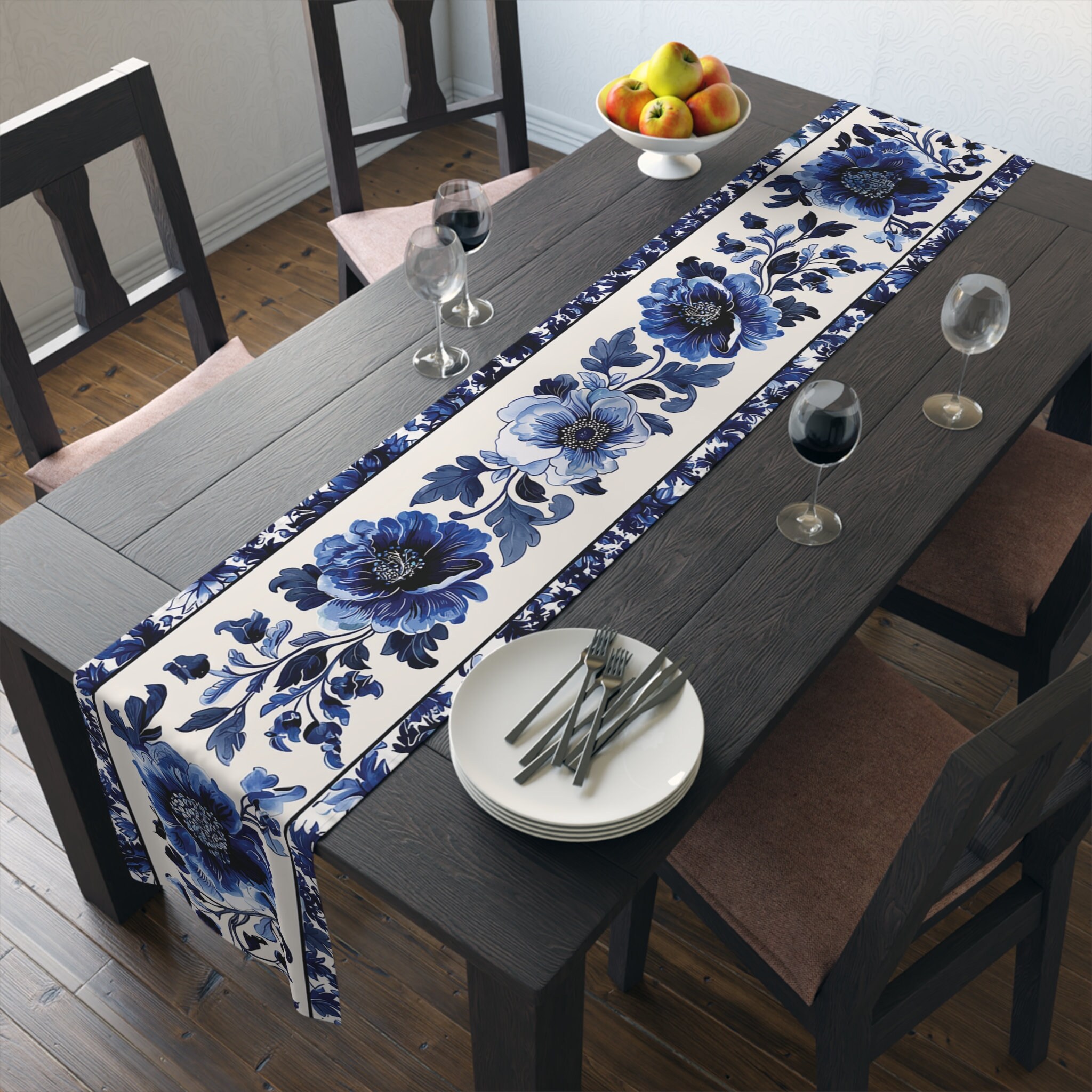 Navy and White Table Runner Chic Home Decor Gzhel Table Runner Dining ...