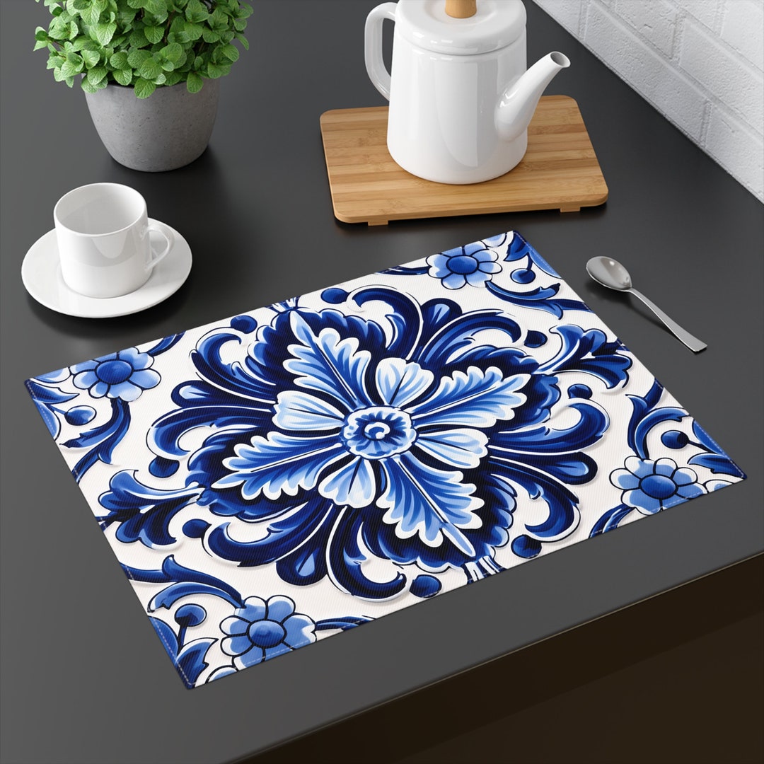 Blue and White Tile Placemat Floral Design Cotton Dining Gzhel Placemat ...