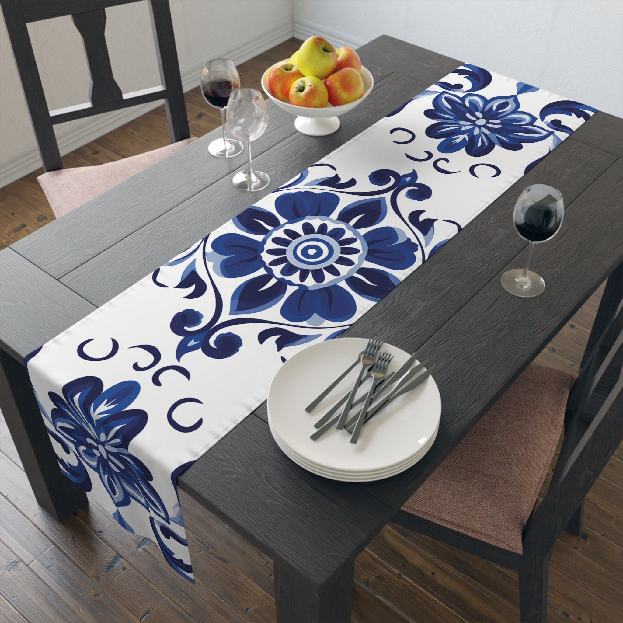 Blue & White Mosaic Table Runner With Russian Tile Design Elegant ...