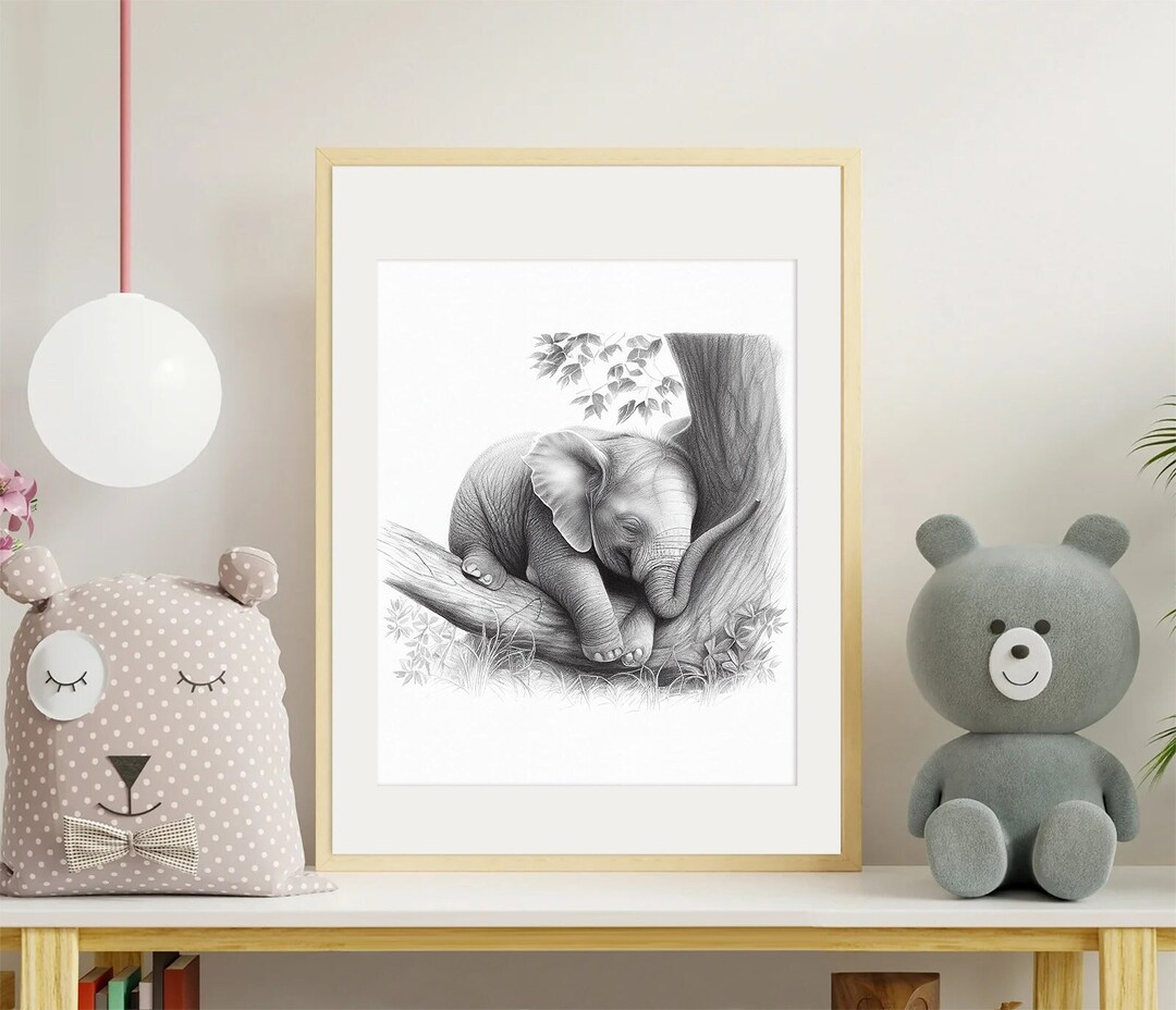 Sleeping Baby Elephant, Nursery Decor, Baby Animals, Pencil Drawing ...