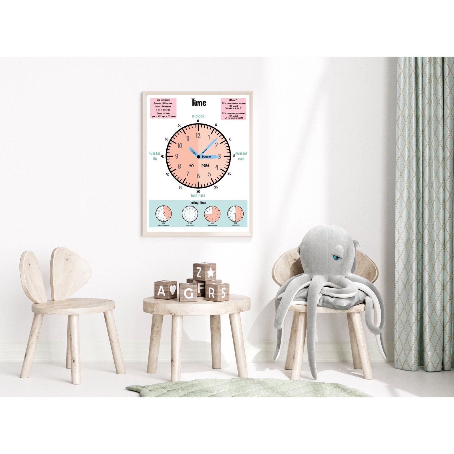 Telling Time Poster, Kids Wall Art, Learning Poster, Montessori ...
