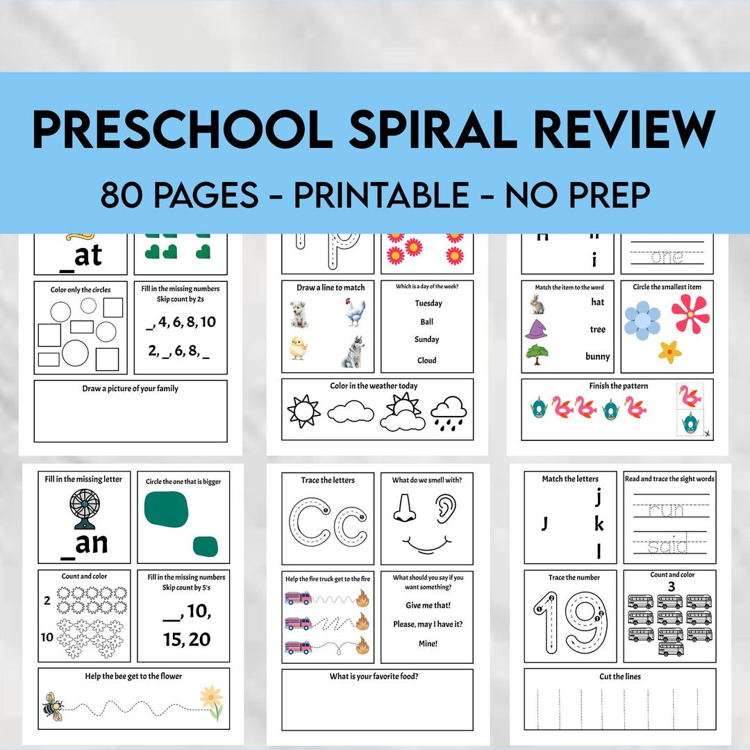 Preschool Spiral Review Workbook | 80-page Pre-k Learning Binder ...