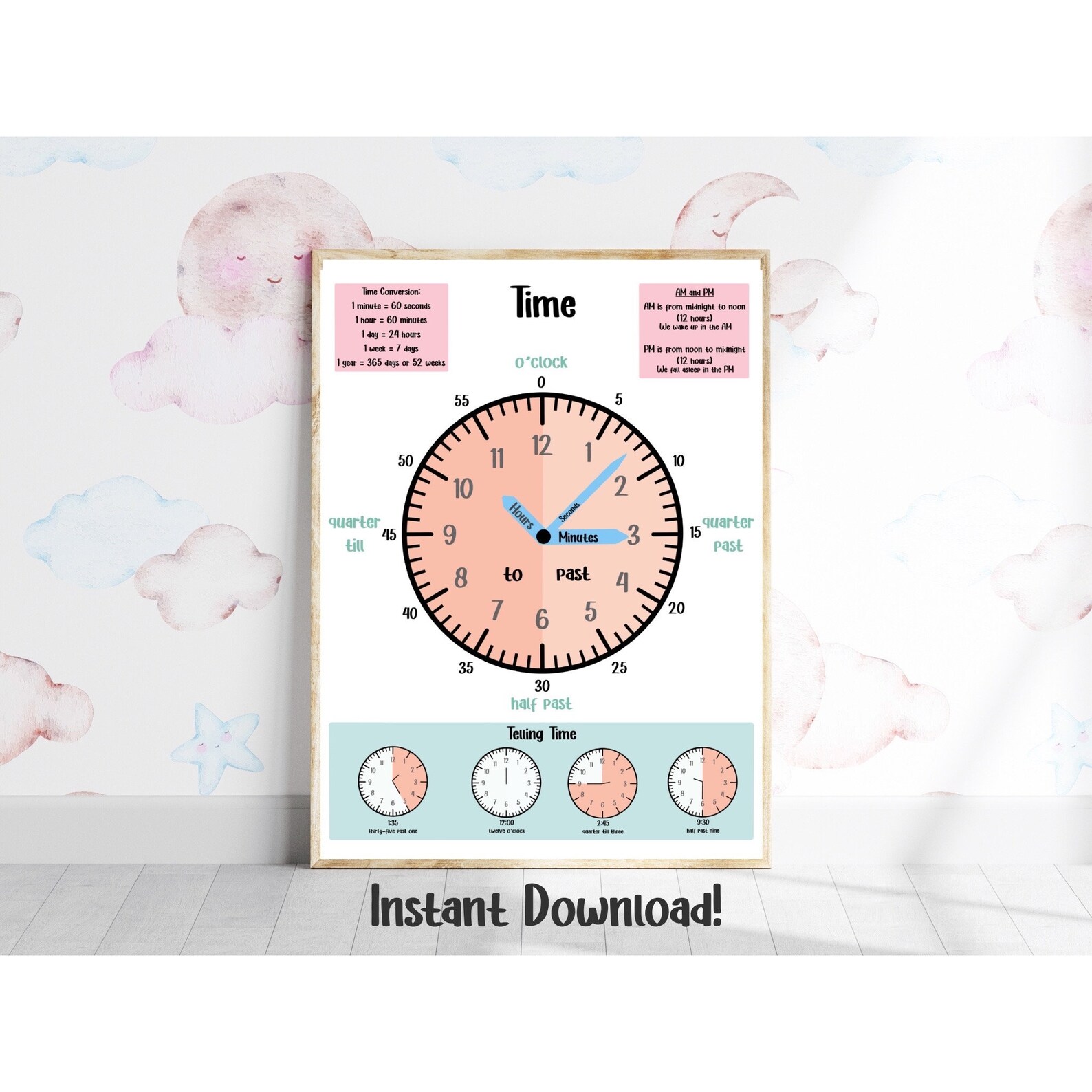 Telling Time Poster, Kids Wall Art, Learning Poster, Montessori ...