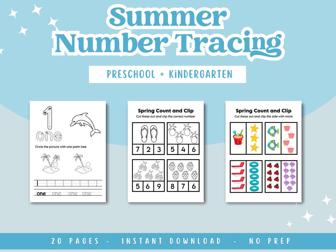 Summer Number Tracing Worksheets for Preschool and Kindergarten ...