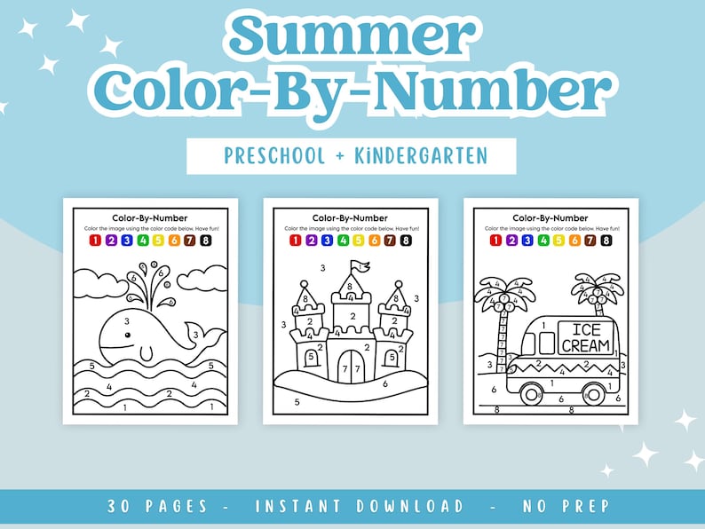 Summer Color by Number Printable | 30 Fun Activity Pages for Pre-k ...