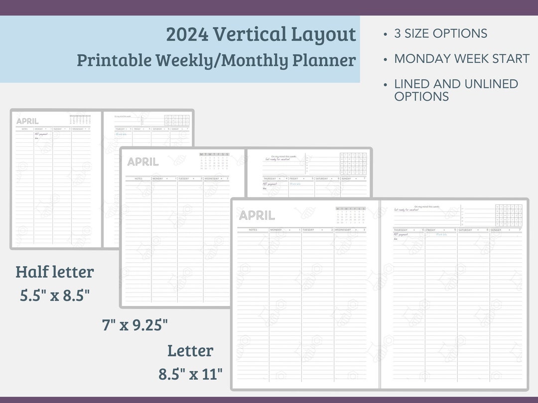 Printable Planner Vertical Layout 2024 Weekly/monthly Planner - Etsy