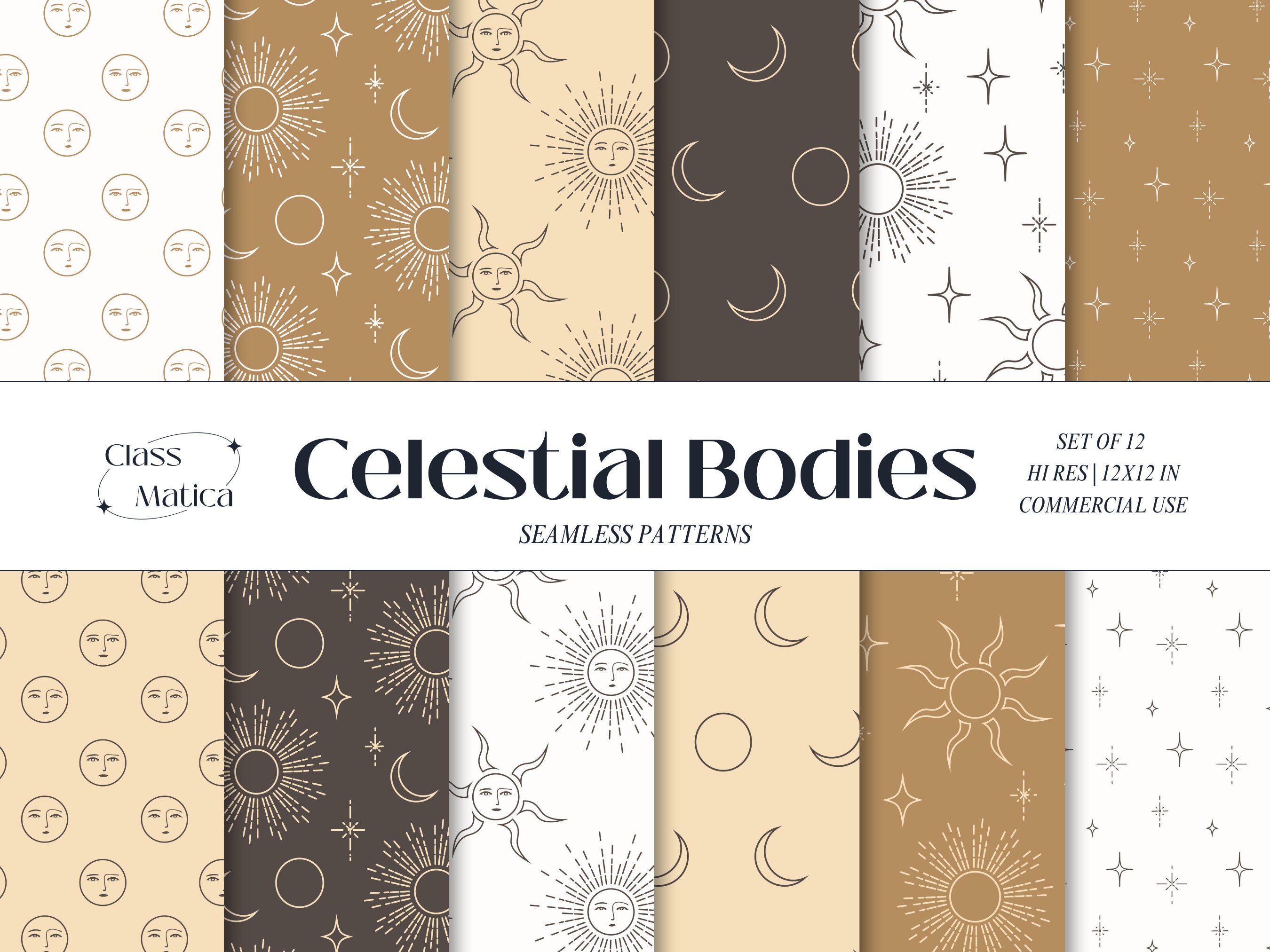 Celestial Bodies Seamless Digital Repeat Pattern, Sun and Moon, Sun ...