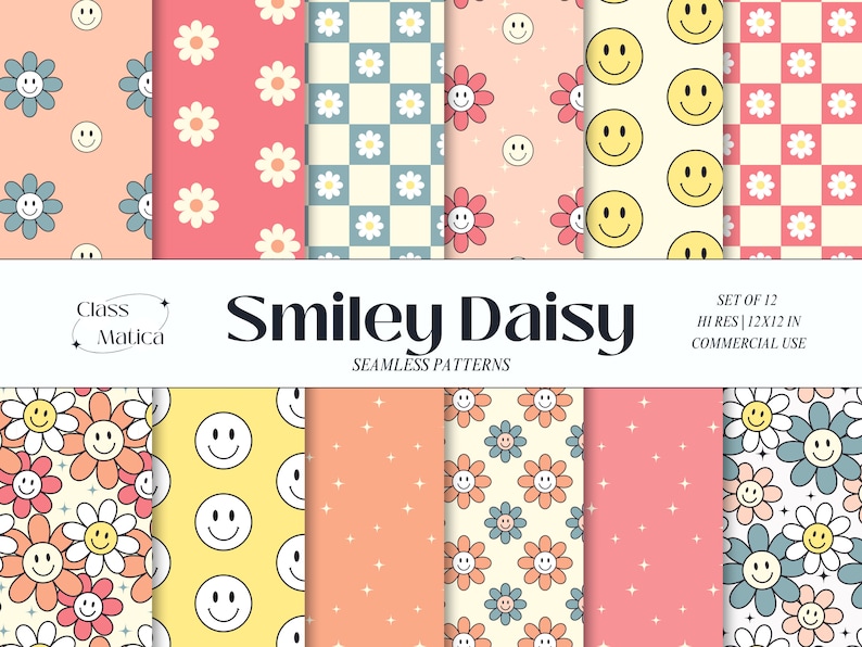 Groovy Retro Daisy Flower Digital Seamless Repeat Pattern, Colorful ...