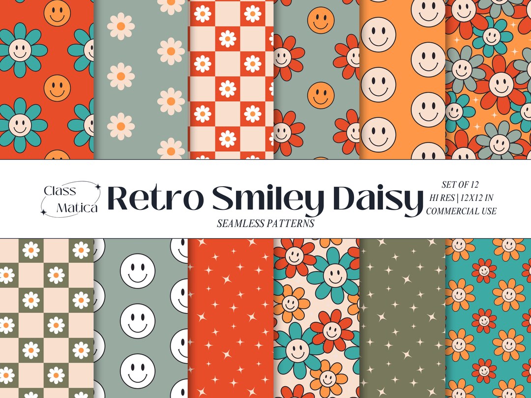 Groovy Retro Daisy Digital Seamless Repeat Pattern, Colorful Retro ...