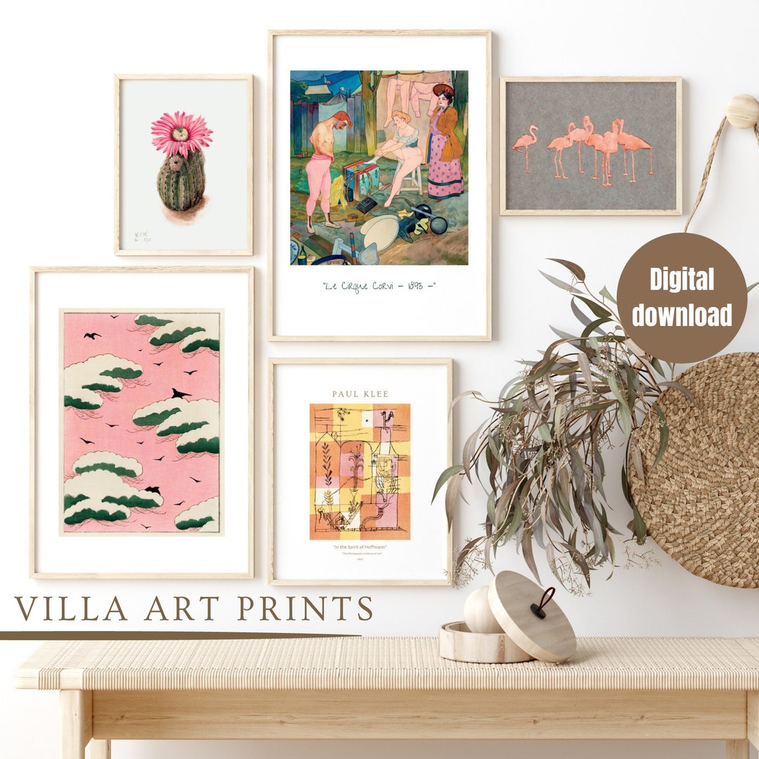 Vintage Printable Pink Wall Art Gallery of 5 Prints, Eclectic Pink Art ...