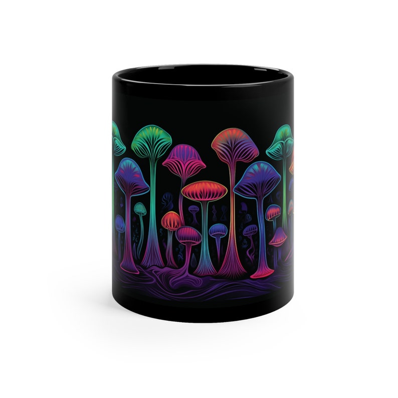 Bioluminescent Fungi Mug | Neon Calming Coffee Mug | Mushroom Black Cup | 11oz Trippy Toadstool ...