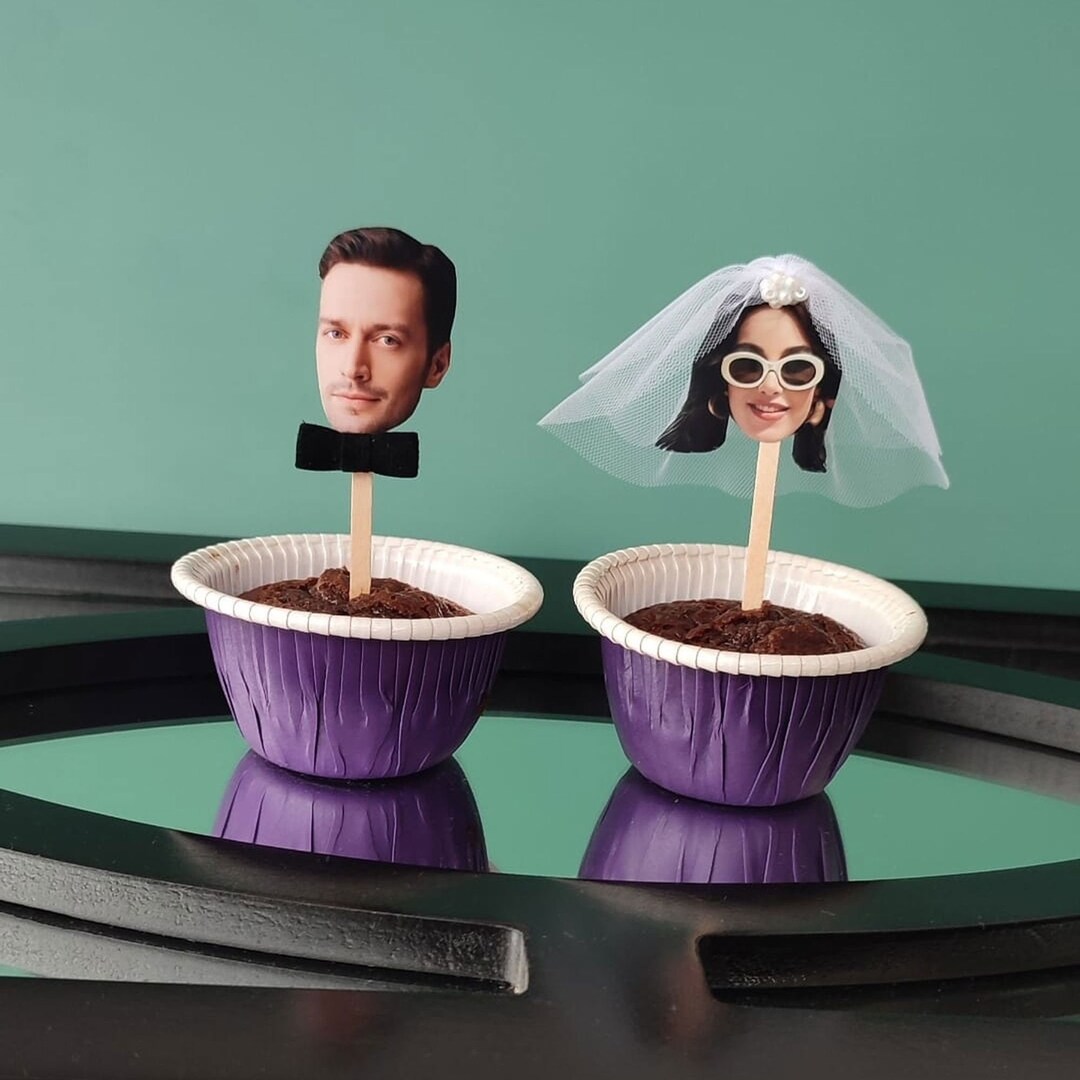 Personalized Bridal Face With Veil and Groom Face With Bow Tie Cupcake ...
