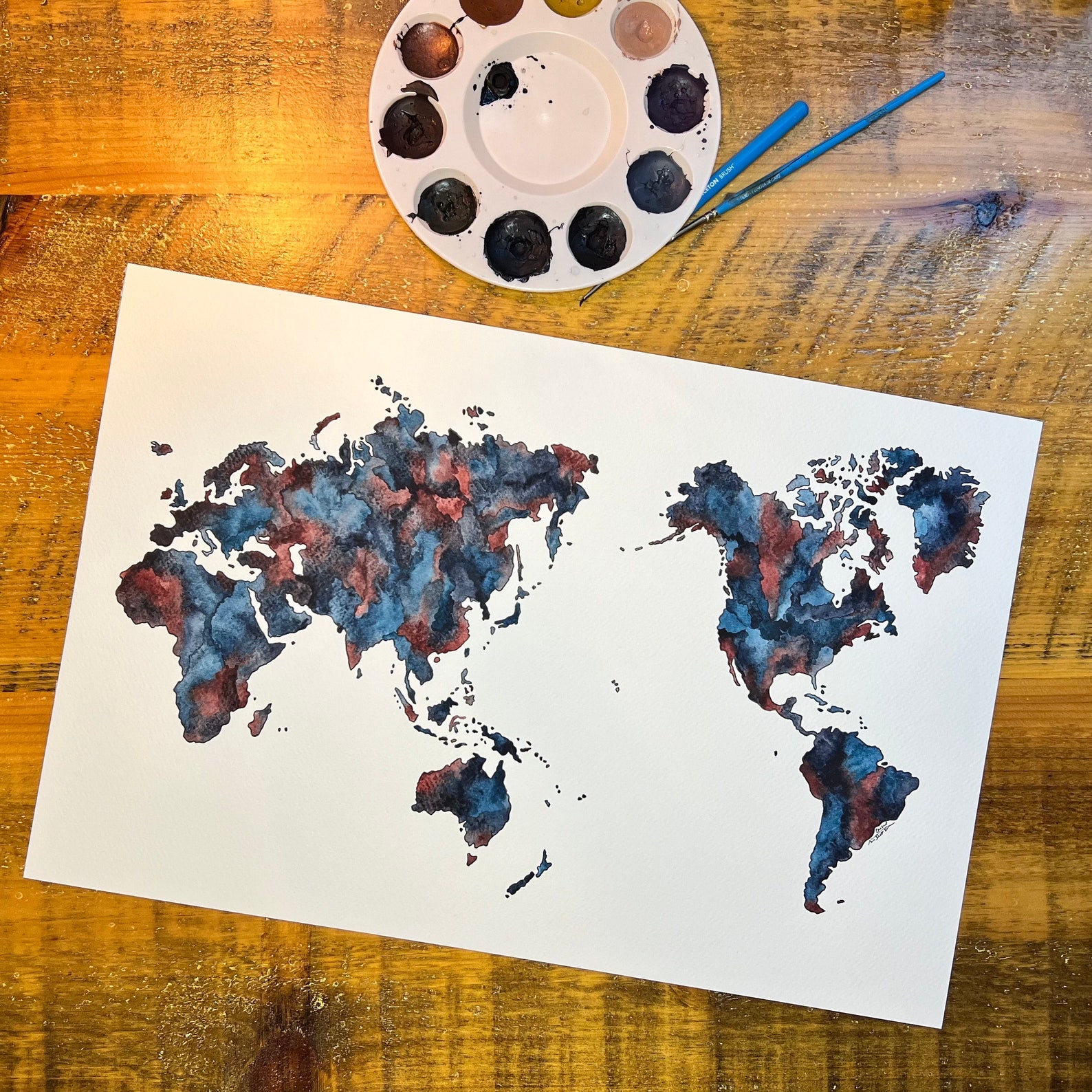 12x18 Original Watercolor Pacific Ocean Centered World Map (NOT A PRINT ...