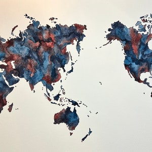 12x18 Original Watercolor Pacific Ocean Centered World Map (NOT A PRINT ...