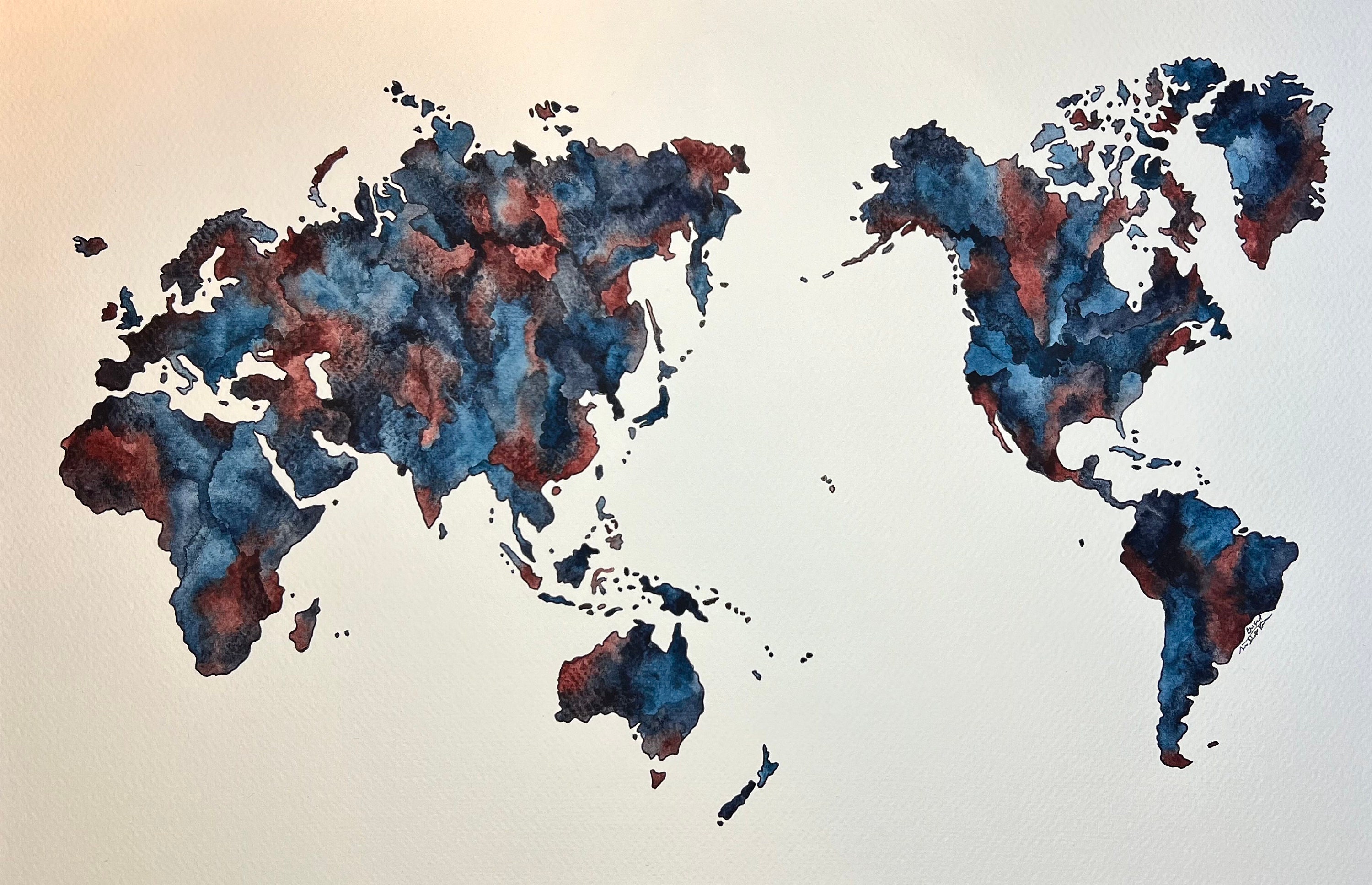 12x18 Original Watercolor Pacific Ocean Centered World Map (NOT A PRINT ...