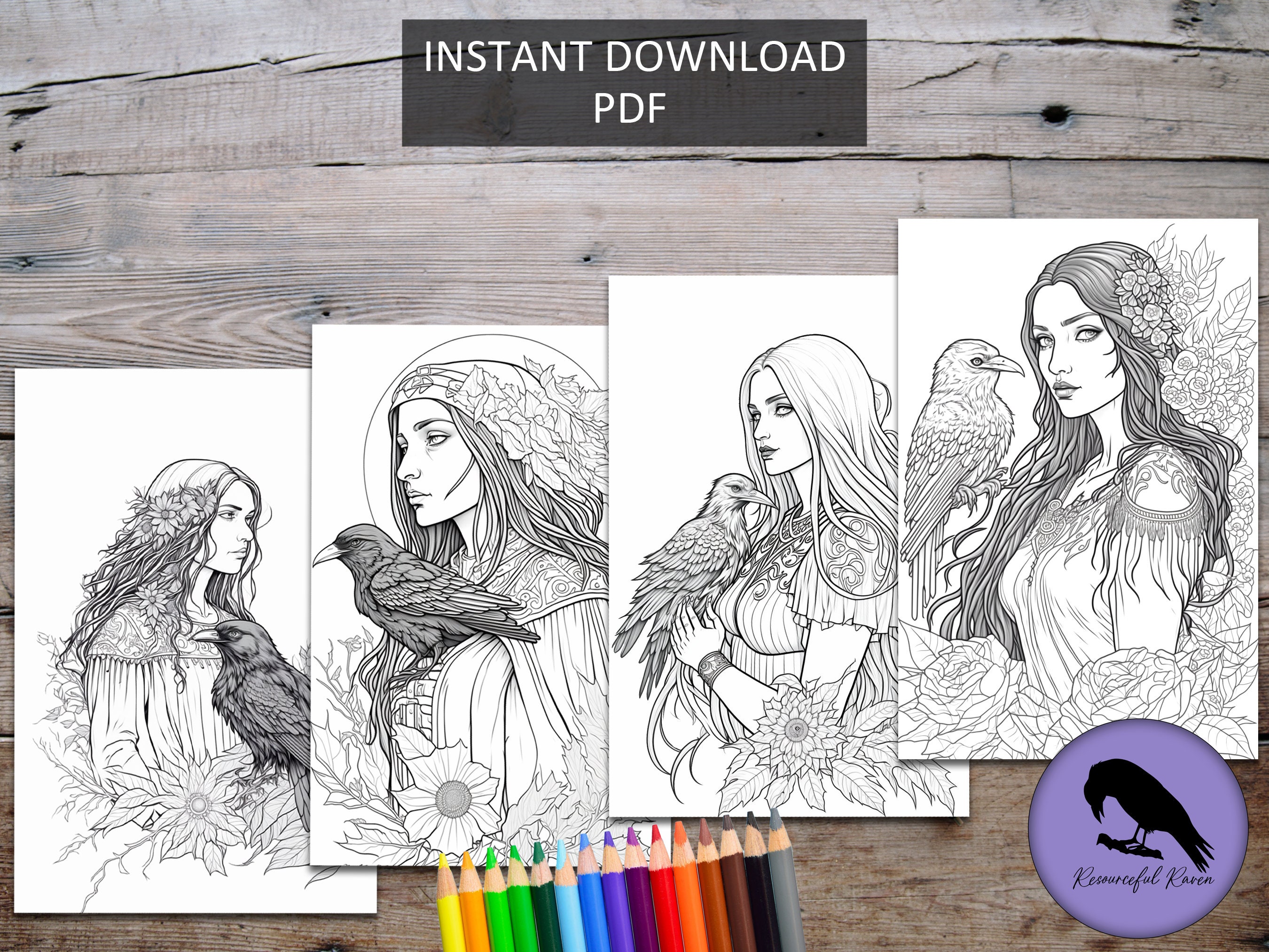 RAVEN QUEENS Printable Adult Coloring PDF Pages Resourceful - Etsy