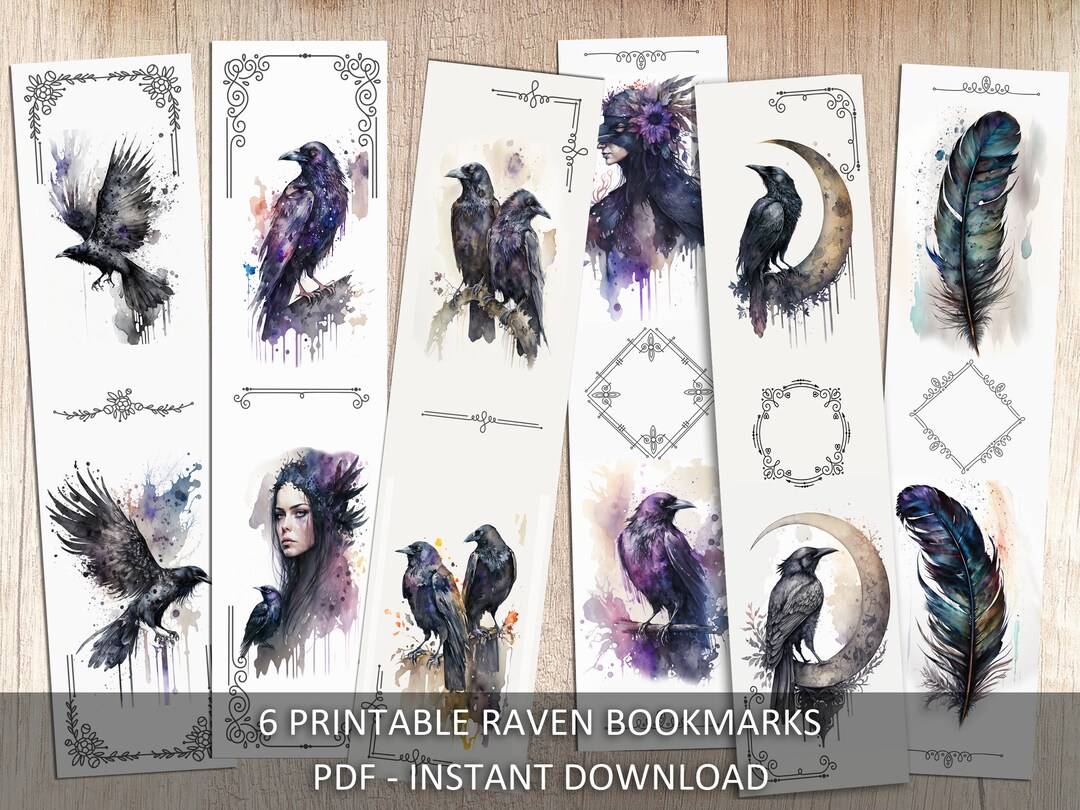 Watercolor Raven Bookmarks - Set of 6 Printable Bookmarks - Gothic ...