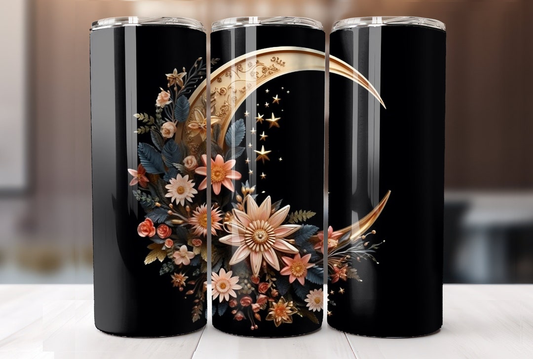 3D Witchy Floral Crescent Moon - 20 Oz Sublimation Tumbler Wrap Design ...