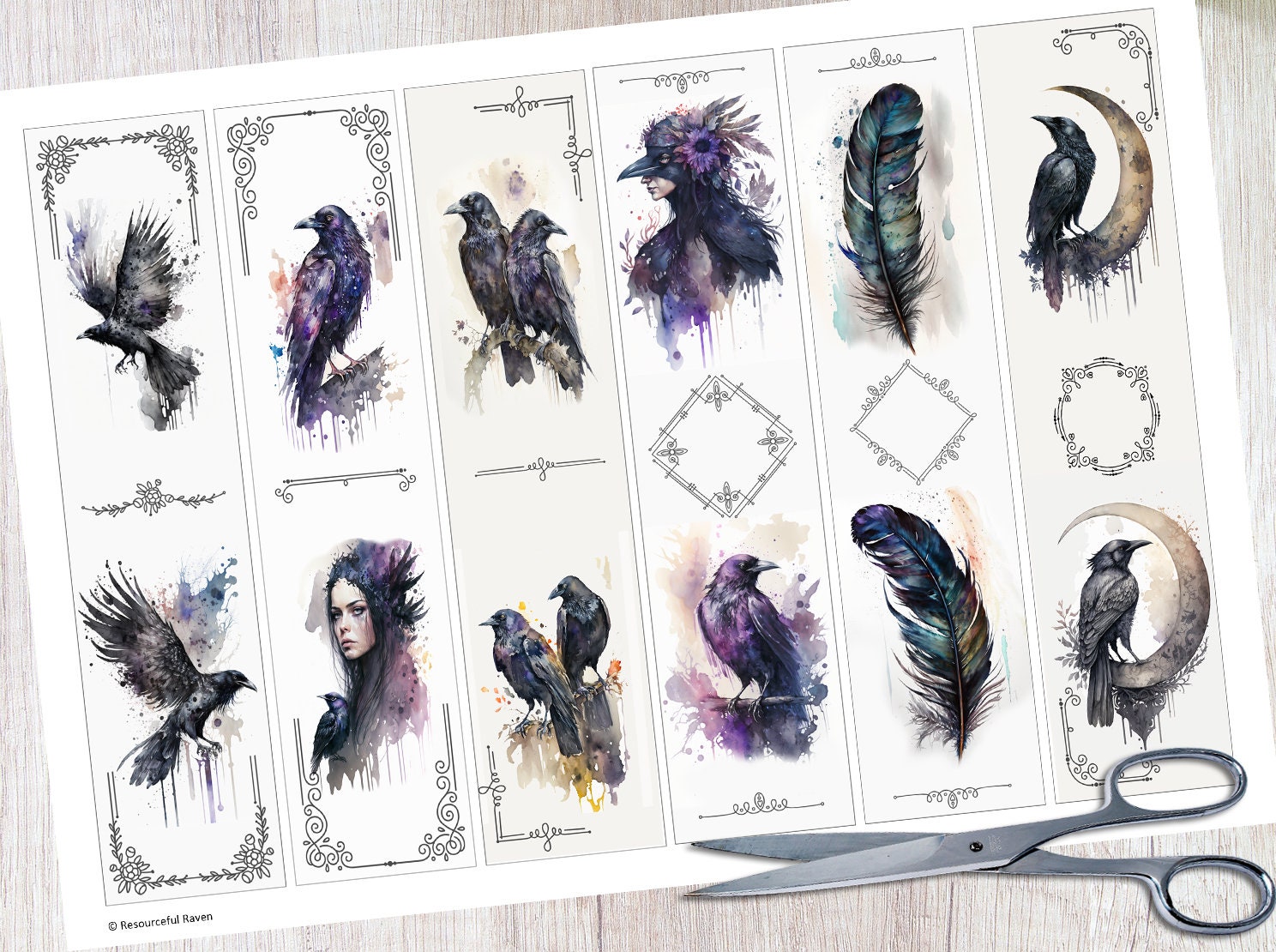 Watercolor Raven Bookmarks - Set of 6 Printable Bookmarks - Gothic ...