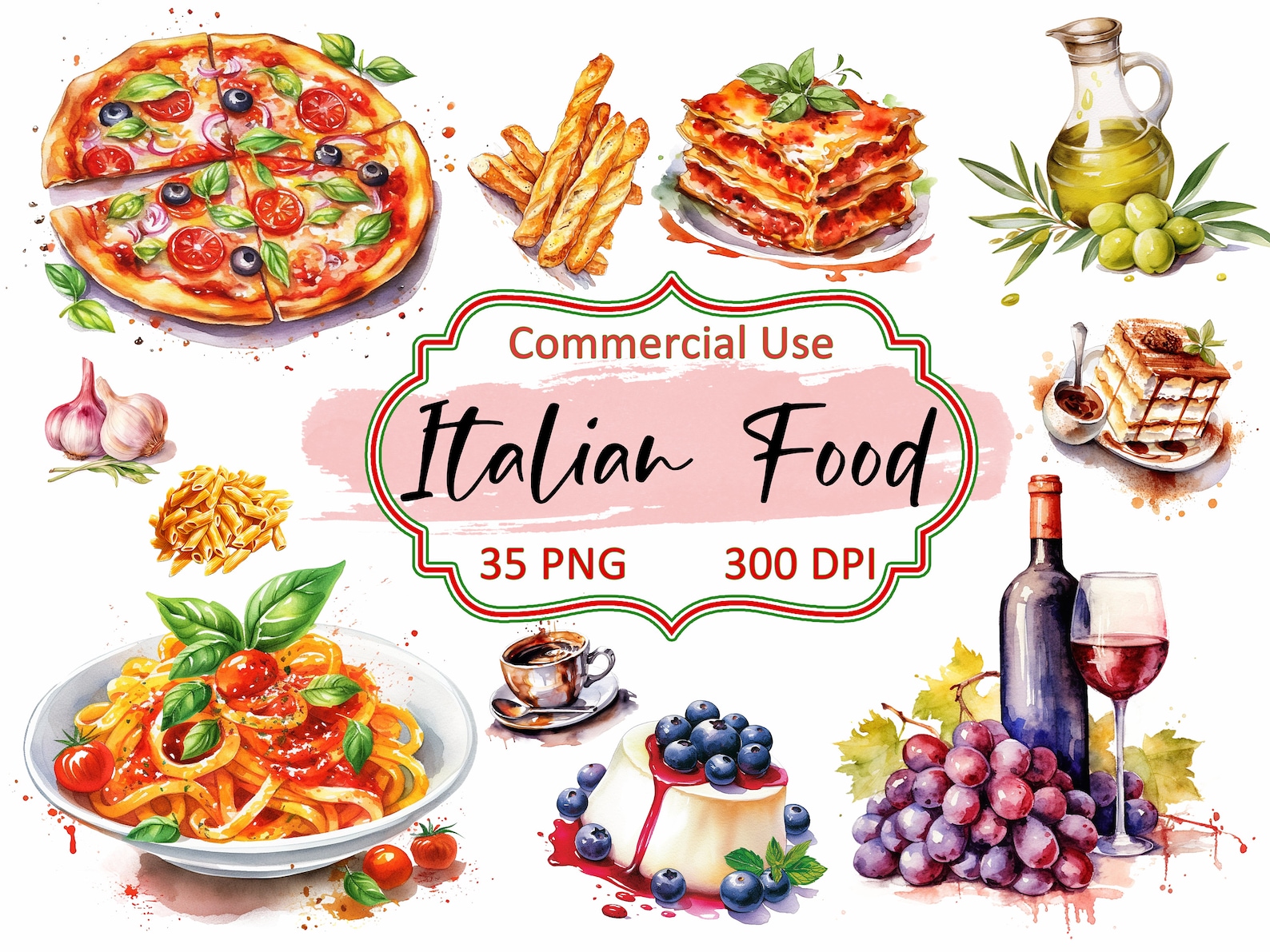 Italian Food PNG Clip Art Set - Watercolor Italian Food Selection, 35 ...
