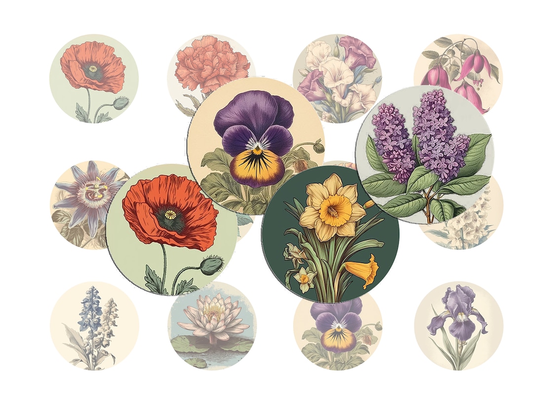 Vintage Flowers Digital Collage Sheet - Printable Circle Round Images ...