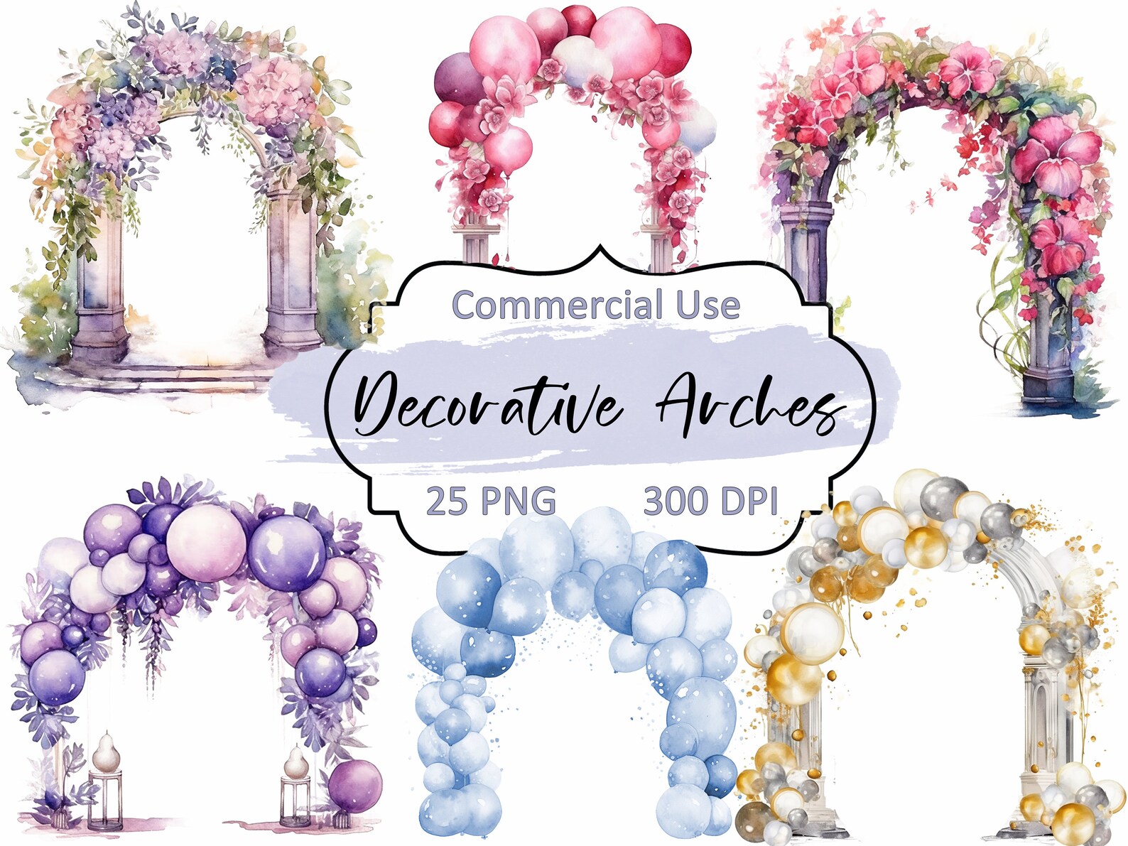 Decorative Arch Clipart PNG - Watercolor Floral and Balloon Arches, 25 ...