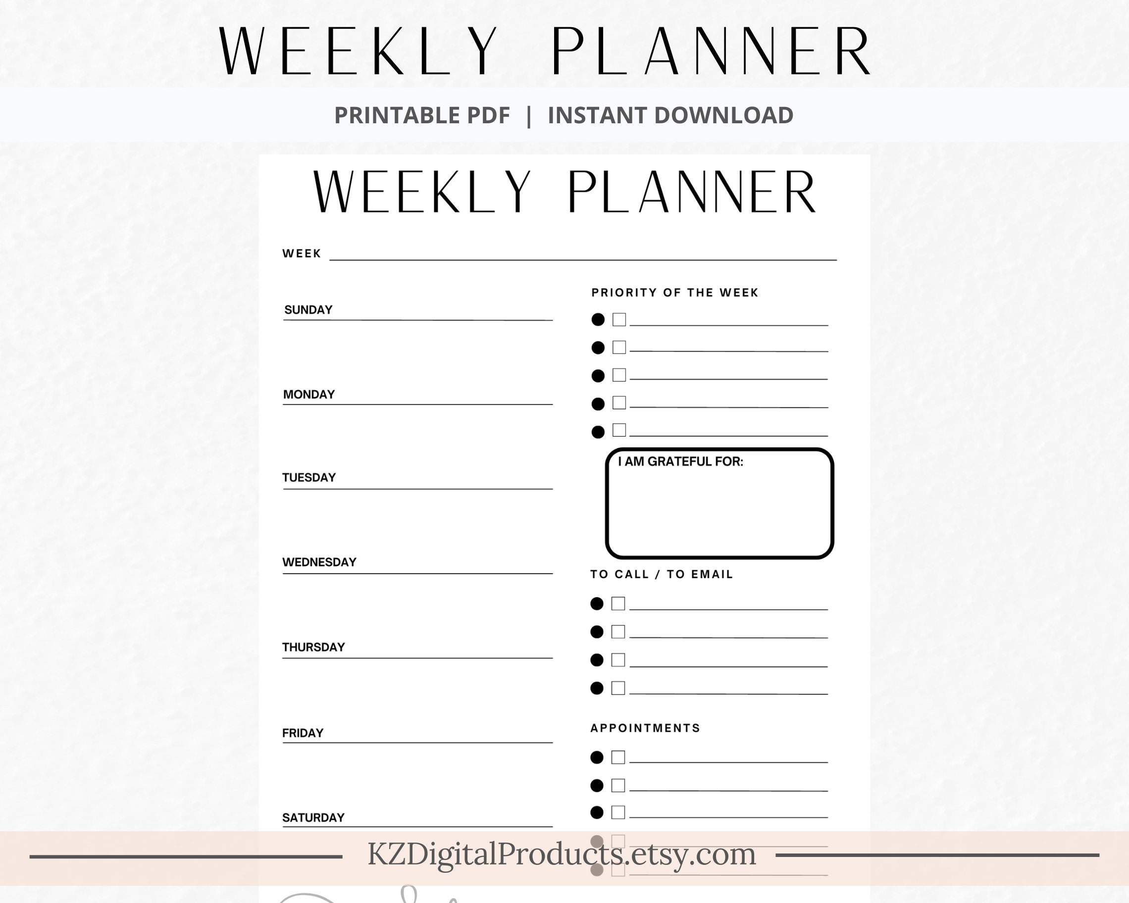 Weekly Planner Printable to Do List, Minimal Weekly Schedule, Weekly ...