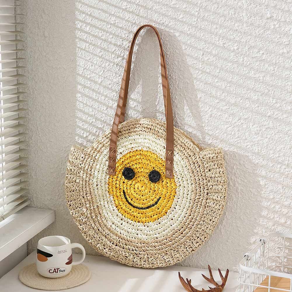 Happy Face Smile Pointed Color Block Straw Round Shoulder Bag - Etsy