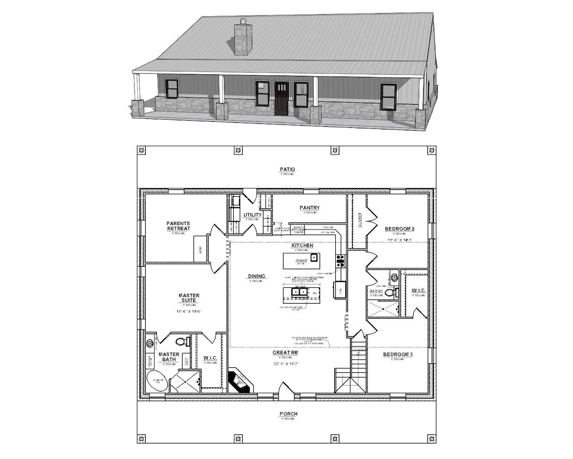 3 Bedroom Floor Plan CAD File: Custom Home Design Blueprints (digital ...
