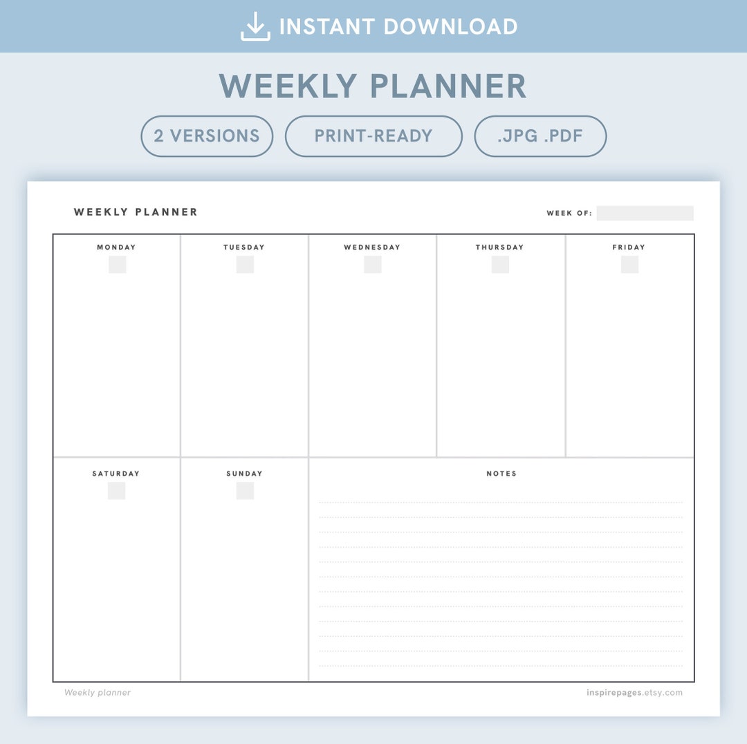 Printable Weekly Planner, Landscape Format for Letter, Half Letter, A4 ...