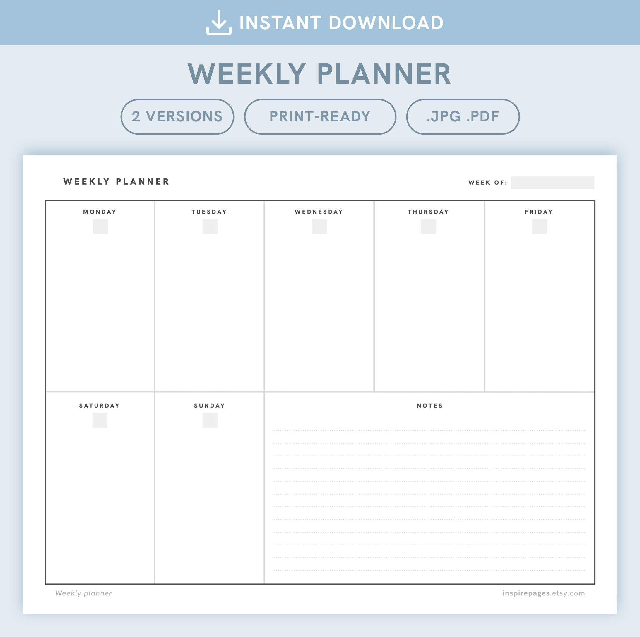 Printable Weekly Planner, Landscape Format for Letter, Half Letter, A4 ...