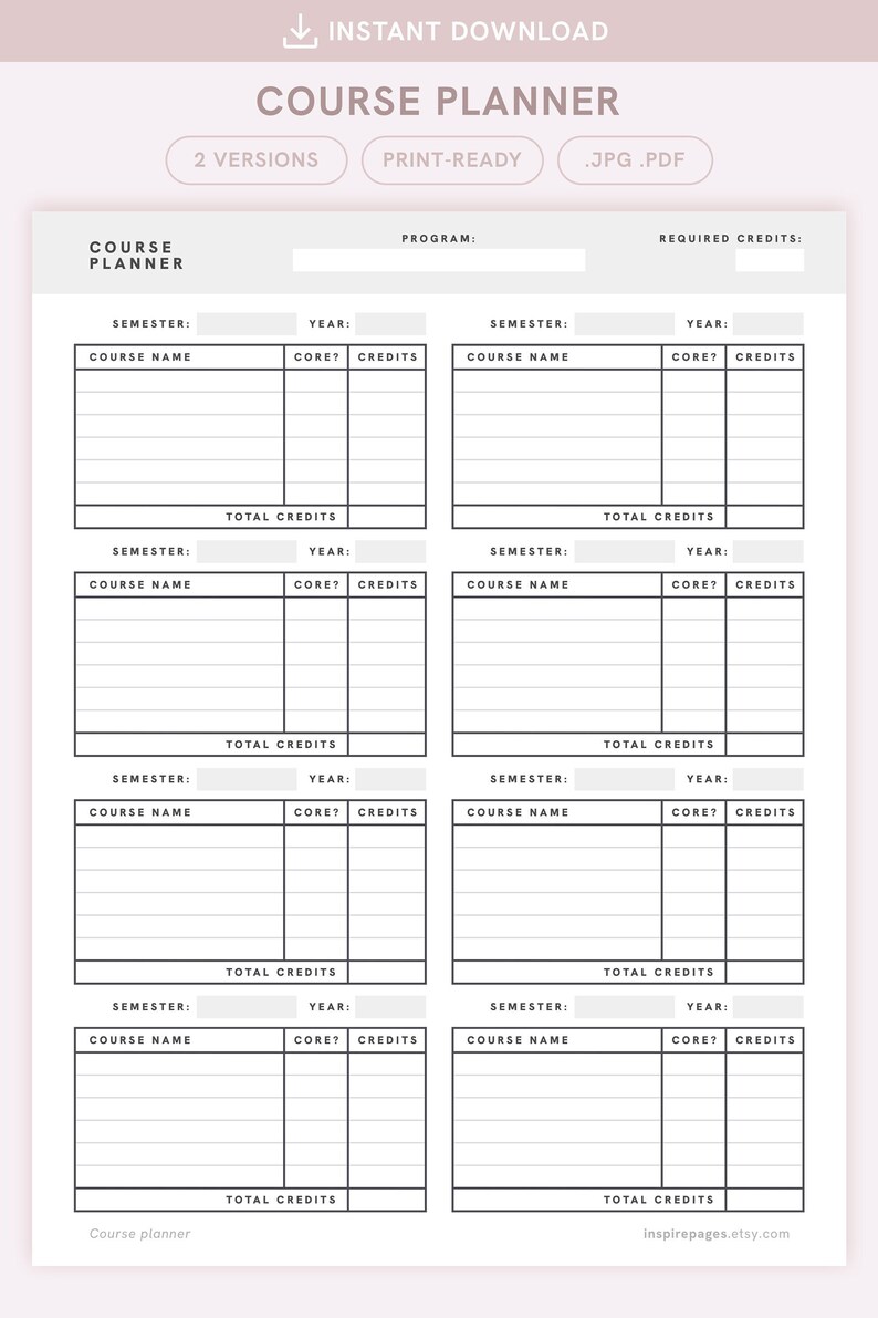 Course Planner Page, Letter, Half Letter, A4, A5 - Etsy