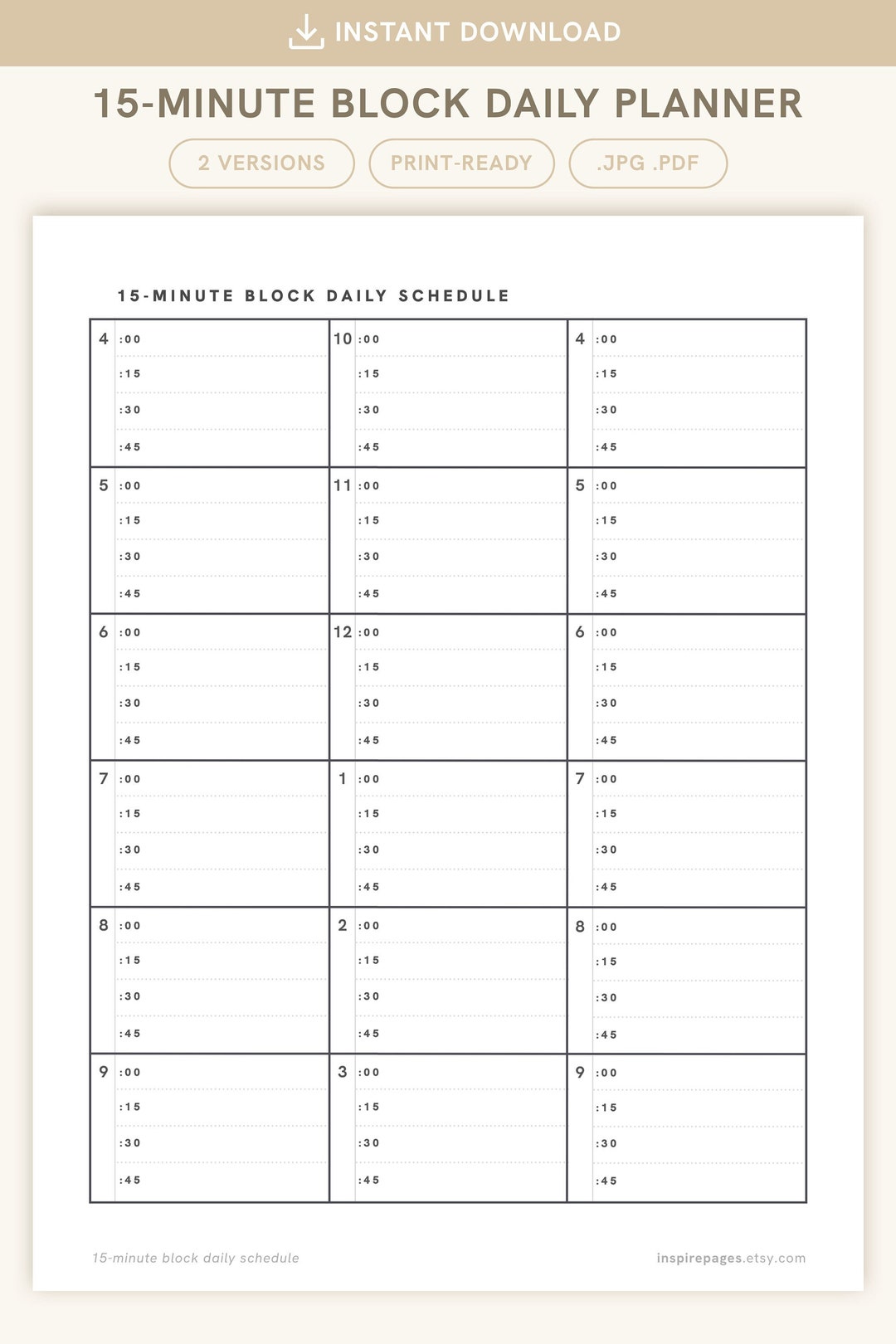 Printable 15-minute Block Daily Planner, Daily Schedule, Portrait ...