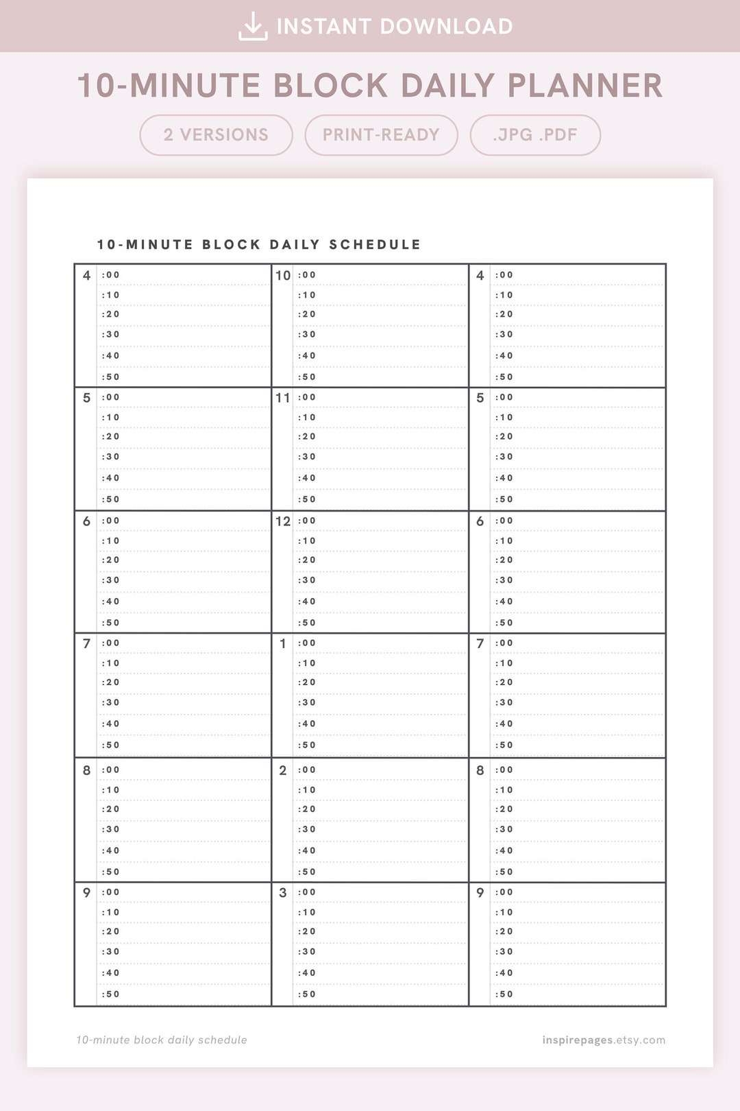 Printable 10-minute Block Daily Planner, Daily Schedule, Portrait ...