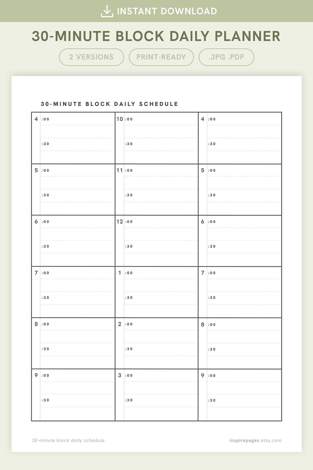 Printable 30-minute Block Daily Planner, Daily Schedule, Portrait ...