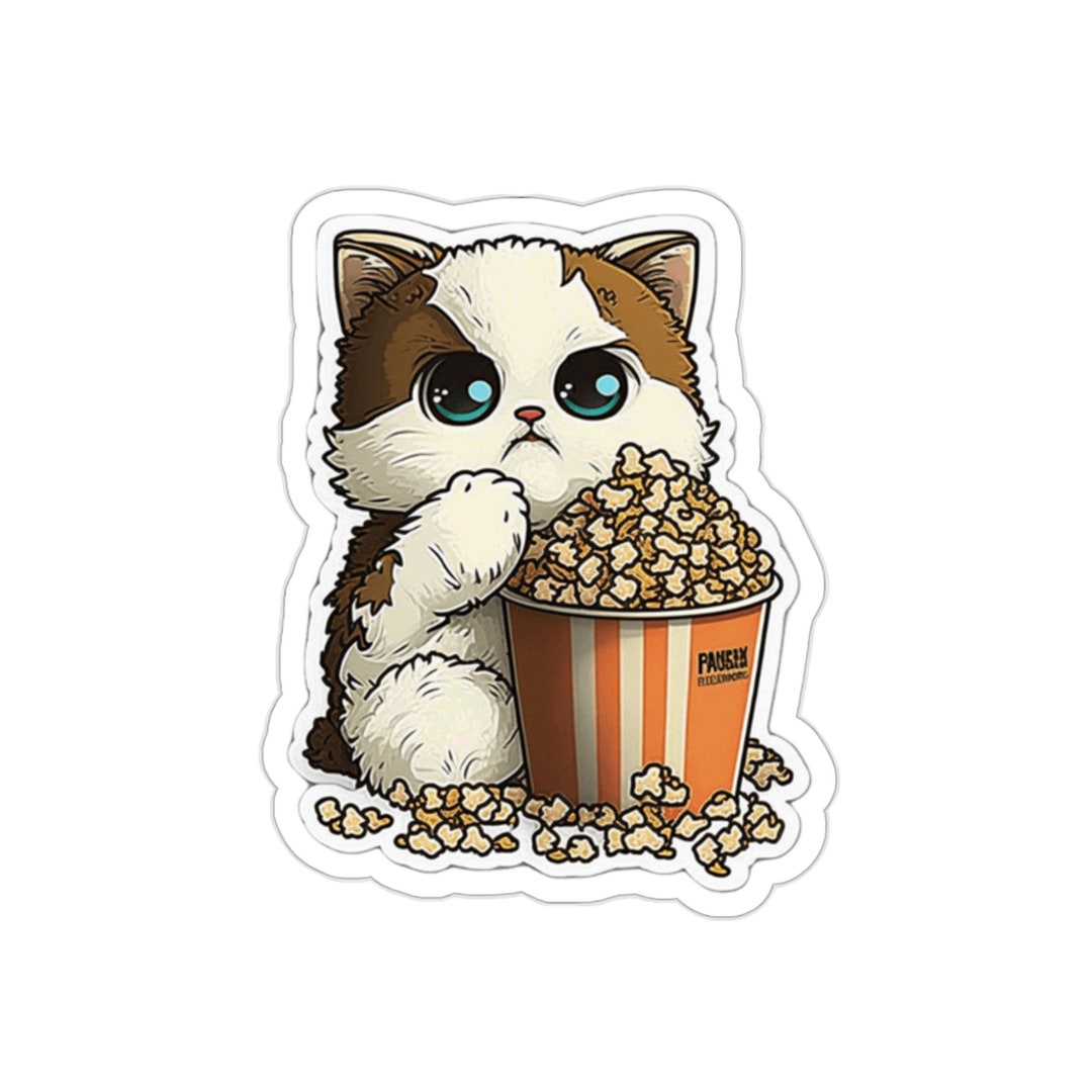 Cartoon Cat Eating Popcorn Kiss-cut Sticker 3 - Etsy