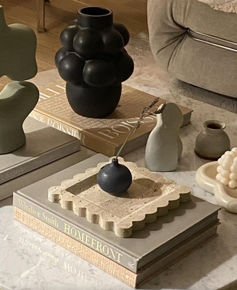 8"x8" Travertine Scalloped Tray, Catchall Tray, Square Tray, Entryway ...