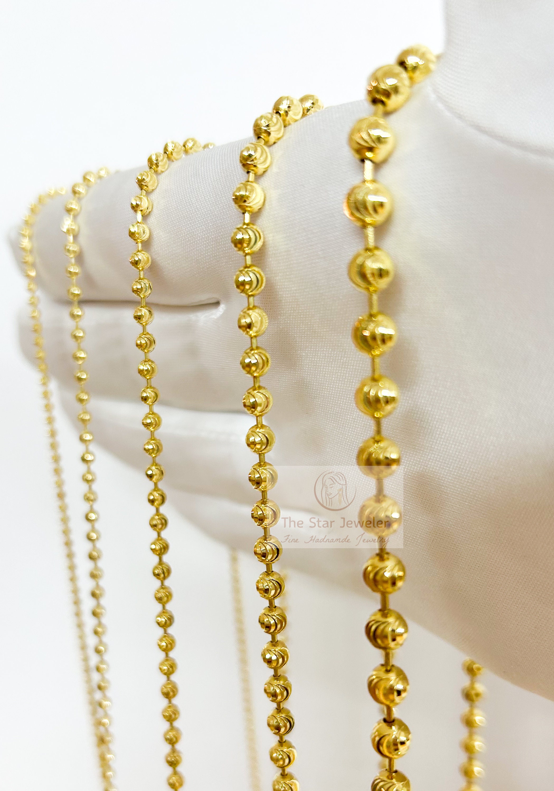 14K Solid Pure Gold Round Ball Chain, Gold Bead Chain, Gold Moon Cut ...